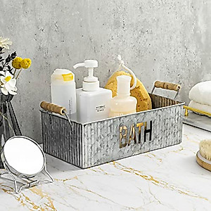 MyGift Currogated Galvanized Metal Rectangular Storage Basket with Wooden Handles, Bathroom Toiletries Holder, Organizer Bin with Bath Cutout Label