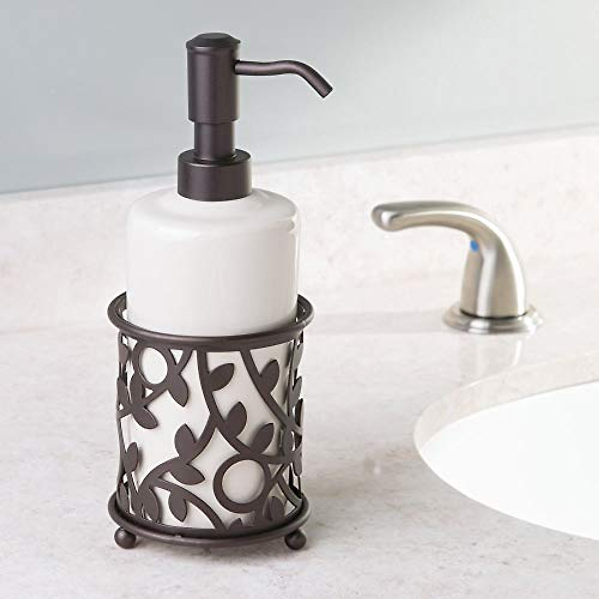 iDesign Ceramic Soap Dispenser Pump, The Vine Collection - 13oz, 3.5" x 3.5" x 8.75", Vanilla and Bronze