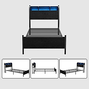 IKIFLY LED Bed Frame Twin XL with Storage Shelf Headboard & Charging Station, Heavy Duty Metal and Wood Platform Bed Frame with Under-Bed Storage, Noise Free, No Box Spring Needed - Black