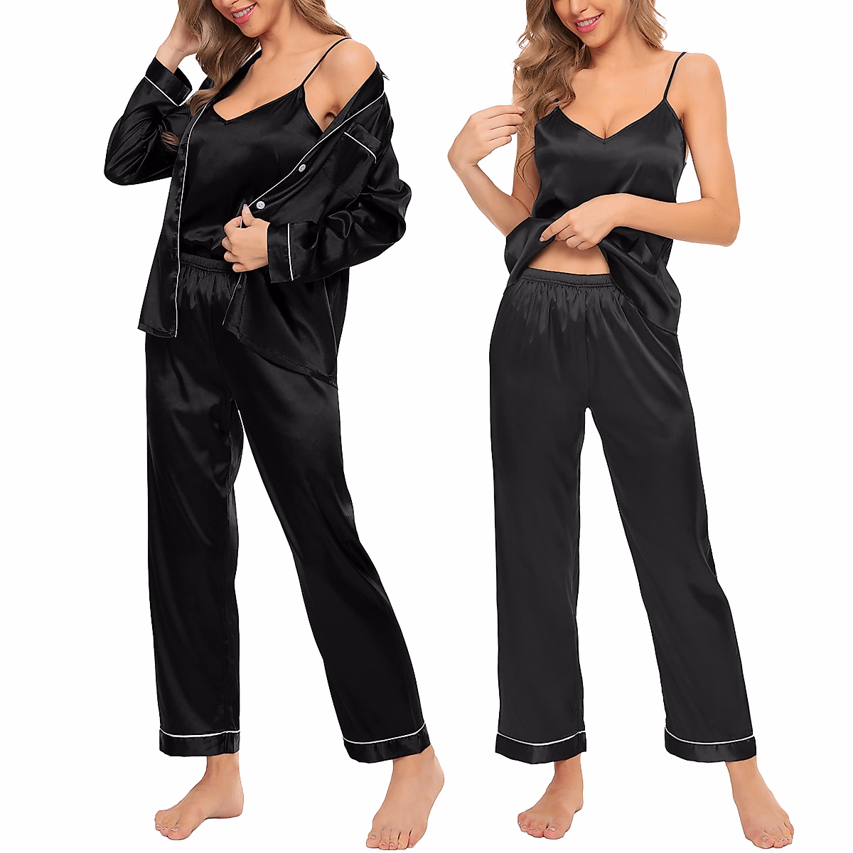 SWOMOG Pj Satin Long Sleeve Set 4pcs Womens Pajamas Silk Sleepwear Button Down Nightwear Sexy Cami Shorts Loungewear