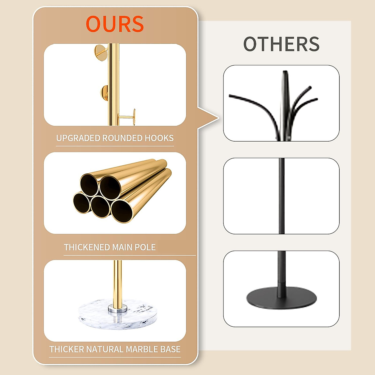 LOZABEE Modern Metal Coat Rack Stand with Natural Marble Base, Heavy Duty Coat Rack Freestanding with 8 Hooks, Golden Standing Coat Racks Hall Tree Stand for Bag, Jacket, Entryway Office