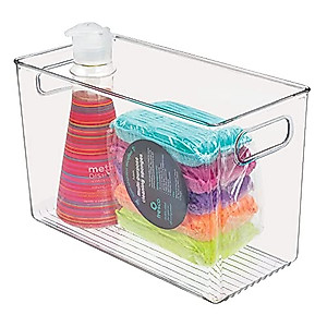 mDesign Large Modern Stackable Plastic Storage Organizer Bin Basket with Handle for Bathroom Vanity Organization - Shelf, Cubby, Cabinet, and Closet Organizing Decor, Ligne Collection - Clear