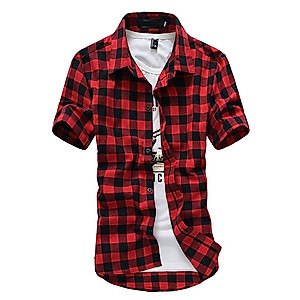 Burband Mens Fashion Short Sleeve Flannel Shirts Slim Fit Causal Button Down Plaid Designer Shirts Camisas de Hombre Red