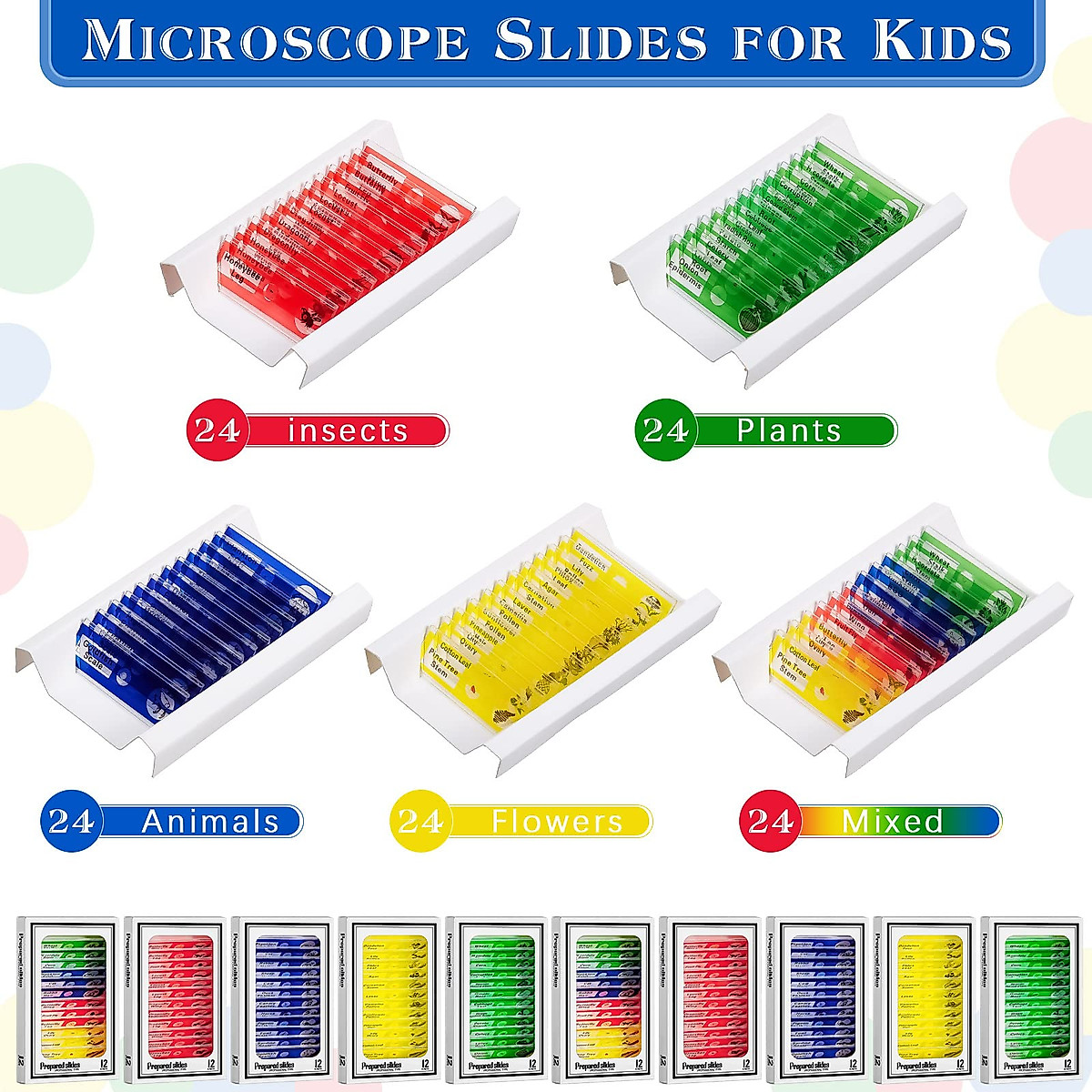 Yexiya 120 Pcs Kids Prepared Microscope Slides with Specimens Animals Insects Plants Flowers Specimens Microbiology Biological Sample for Student School Science Lab Supplies(48 Different Patterns)