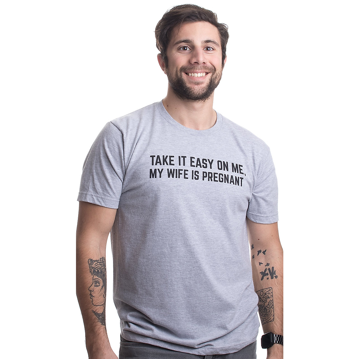 Take it Easy on Me, My Wife is Pregnant | Funny New Dad Be Nice Father's T-Shirt-(Adult,L) Sport Grey
