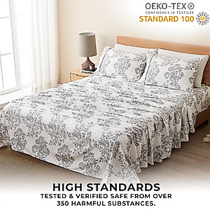 4-Piece Queen Printed Microfiber Sheet Set | Ultra-Soft, Brushed Bedding Sheets & Pillowcases | Wrinkle & Fade Resistant, All-Season Bed Sheets for Bed (Queen, Toile - Grey)