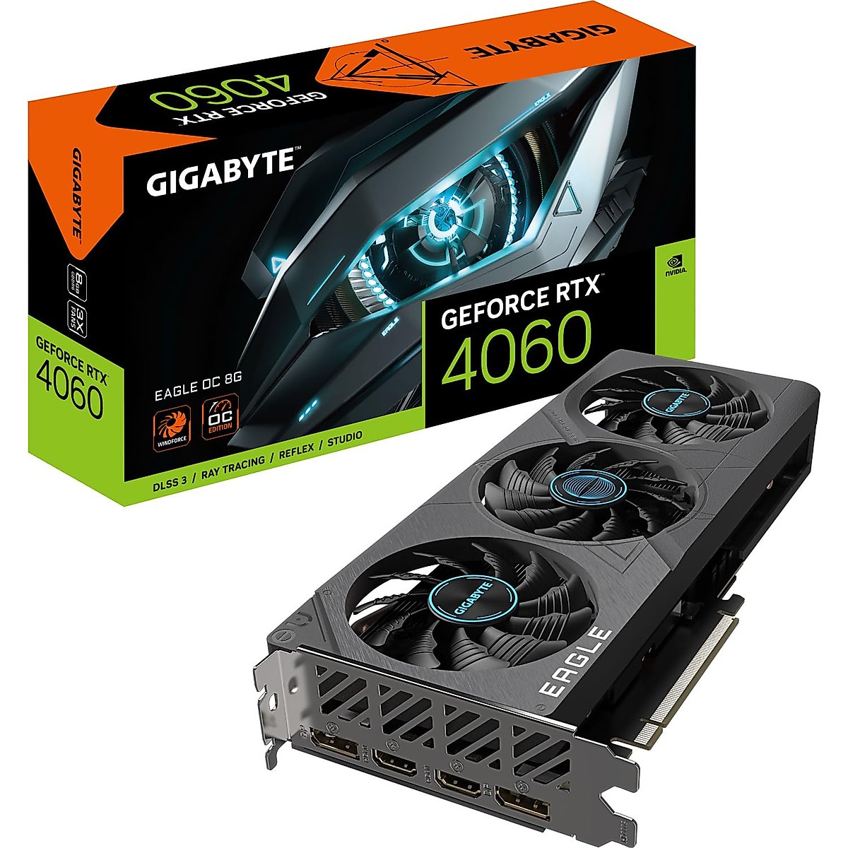 GIGABYTE NVIDIA GeForce RTX 4060 Eagle OC Graphics Card - 8GB GDDR6, 128-bit, PCI-E 4.0, 2505MHz Core Clock, 2X DP 1.4, 2X HDMI 2.1a, NVIDIA DLSS 3 - GV-N4060EAGLE OC-8GD