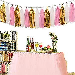 Happy Birthday Banner Rose Pink White Birthday Decorations Kit with 6 Pack Flower Pom Poms + 20 Tassel Garland for Wedding, Baby Shower, Event & Party Supplies