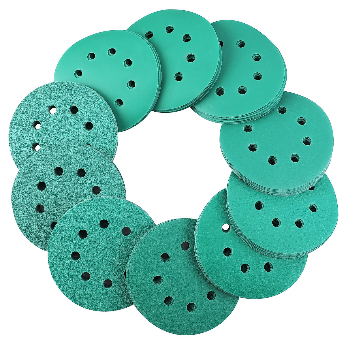 WORKPRO 150-piece Premium Sanding Discs Set, 5" 8-Hole Polyester Film Hook and Loop Sandpaper, 10 Grades Include 60, 80, 100, 120, 150,180, 240, 320, 400, 600 Grits for Random Orbital Sander, Green