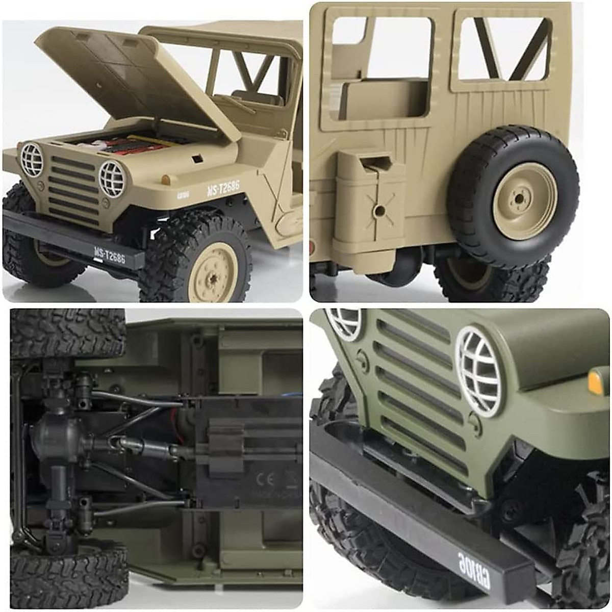 QIYHBVR 1/14, 4x4 Hobby Grade RTR RC Car Mini RC Rock Crawler Military, 2.4Ghz RC Truck with Removable Tools, LED Lights, Battery and USB Charger for Adults