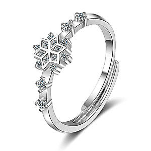 NewZenro Thin CZ Snowflake Adjustable Rings for Women Dainty Sterling Silver Plated Statement Wrap Band Flower Rings Fashion Expandable Knuckle Finger Rings for Bff Daughter Xmas