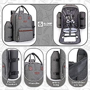 ALLCAMP OUTDOOR GEAR Picnic Backpack for 2 Person W/ Detachable Bottle/Wine Holder, Fleece Blanket, Plates and Cutlery Set (Grey)