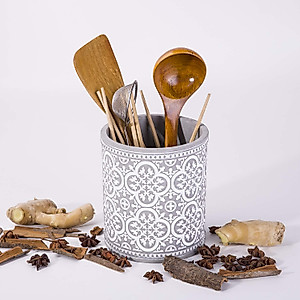 Farmhouse Kitchen Cooking Utensil Holders | Fine Embossed Cement Utensils Crock | Cement Utensil Container Kitchenware Flatware Organizer Decor Utensils Caddy (Pattern 1)