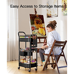 Pipishell 3-Tier Rolling Cart, Metal Utility Cart with Pegboard, Lockable Wheels & U-Shaped Handle, Storage Cart with 2 Hanging Cups & 4 Hooks for Living Room, Bedroom, Kitchen, Office (Black)
