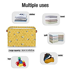 Yellow Bee Basket Cube Storage Bins Honeycomb Shelves Bee Decor for Bedroom Toys Stuffed Animal Waterproof Laundry Box Bin Basket with Handle for Home Closet Shelf Office Bedroom Gift-1PCS