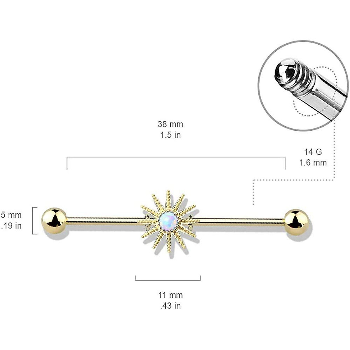 Covet Jewelry Opal Center Sunburst 316L Surgical Steel Industrial Barbell (Rose Gold/Opal White)