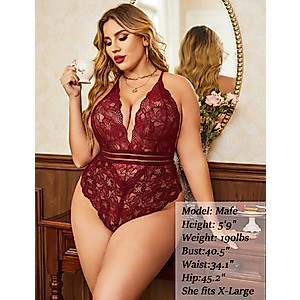 Avidlove Women Teddy Lingerie Snap Crotch Lingerie One Piece Lace Babydoll Mini Bodysuit Wine Red 4X-Large