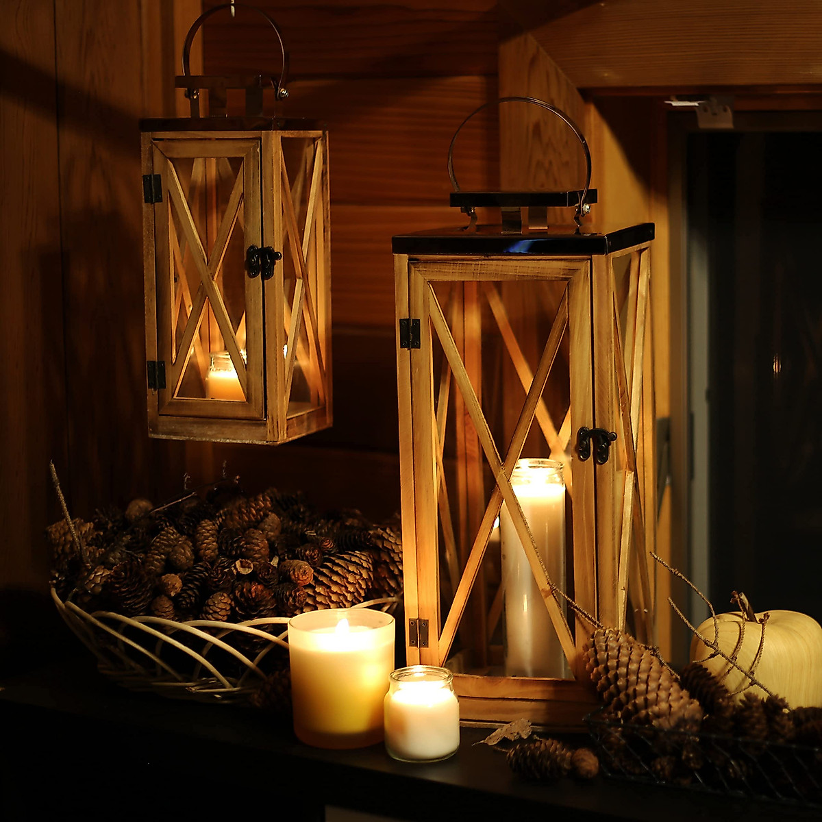 XRKITE Wooden Candle Lantern Decorative Set of 2, Patio Decor with Stainless Top and Glass Inserts, Hurricane Lantern Holder Decor for Indoor Outdoor, Home, Garden, Wedding (Small-Large Set)