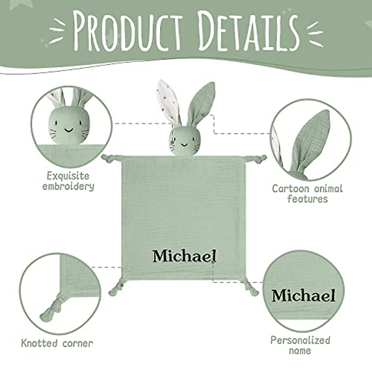 TYRY.HU Personalized Security Blanket with Name, Embroidered Baby Comforter, Organic Cotton Muslin Lovey Security Blanket, Soft & Breathable Lovie Baby Gifts for Boys and Girls, Green