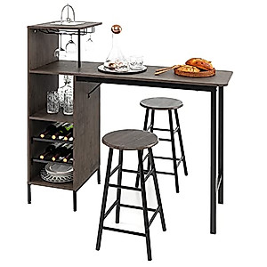Giantex 3 Pieces Bar Table and Stools Set, Bistro Table Set with Glass Holder, 2 Tier Wine Rack & Storage Shelves, Kitchen Counter Table with 2 Stools for Home, Dining Room, Restaurant, Pub (Brown)