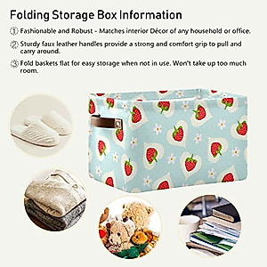 xigua Strawberry Pattern Storage Bins Foldable Fabric Storage Basket with Leather Handles for Organizing Closet, Shelves, Nursery Toy, Laundry Room (1 Pcs, 14.2" x 10.2" x 8.3")