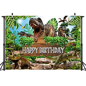 Sensfun Dinosaur Park Birthday Backdrop Dinosaurs World Happy Bday Banner Photography Background for Kids Tropical Safari Jungle Dino Theme Birthday Party Decorations Supplies Photo Booth Props 7x5ft