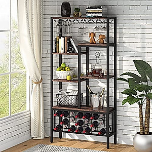 Tribesigns Wine Rack Freestanding Floor,Vintage Tall Wine Bar Cabinet with Storage,Wooden Alcohol Shelf with Bottle Holder,Brown