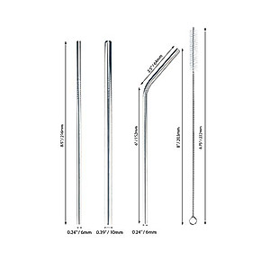 BambooMN Reusable Stainless Steel Metal Drinking Straws - 8" Bent Straws w/ 1x Cleaning Brush - 6 Pack