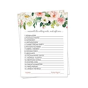 Graceful Floral Bridal Shower Word Scramble Game – 25 Pack, Couples Wedding Engagement Party Games, Rustic Reception Decor and Pink Ideas, Fun Rehearsal Unscramble Guest Activities