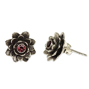 NOVICA Artisan Handmade Garnet Flower Earrings Floral Sterling Silver Red Button Indonesia Birthstone [earrings 0.5 in L x 0.5 in W Garnet 0.2 in Diam.] ' Redeyed Lotus'