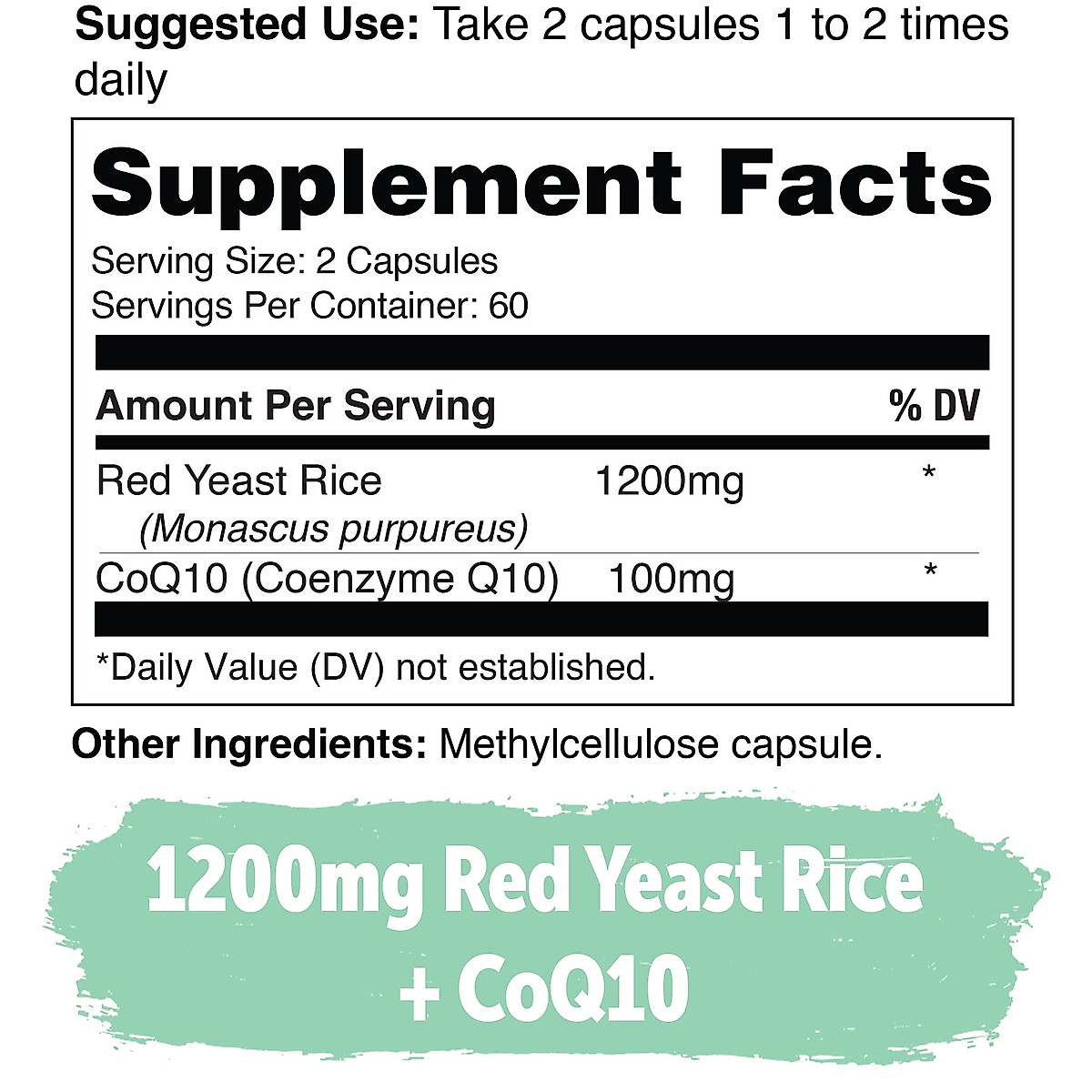 Red Yeast Rice 1200 mg Capsules with CoQ10 - Maintain Healthy Cholesterol Levels, Herbal Heart Health Vegan Red Yeast Rice Supplement - Red Rice Yeast with CoQ10 for Women & Men - 120 Ct (2-Pack)