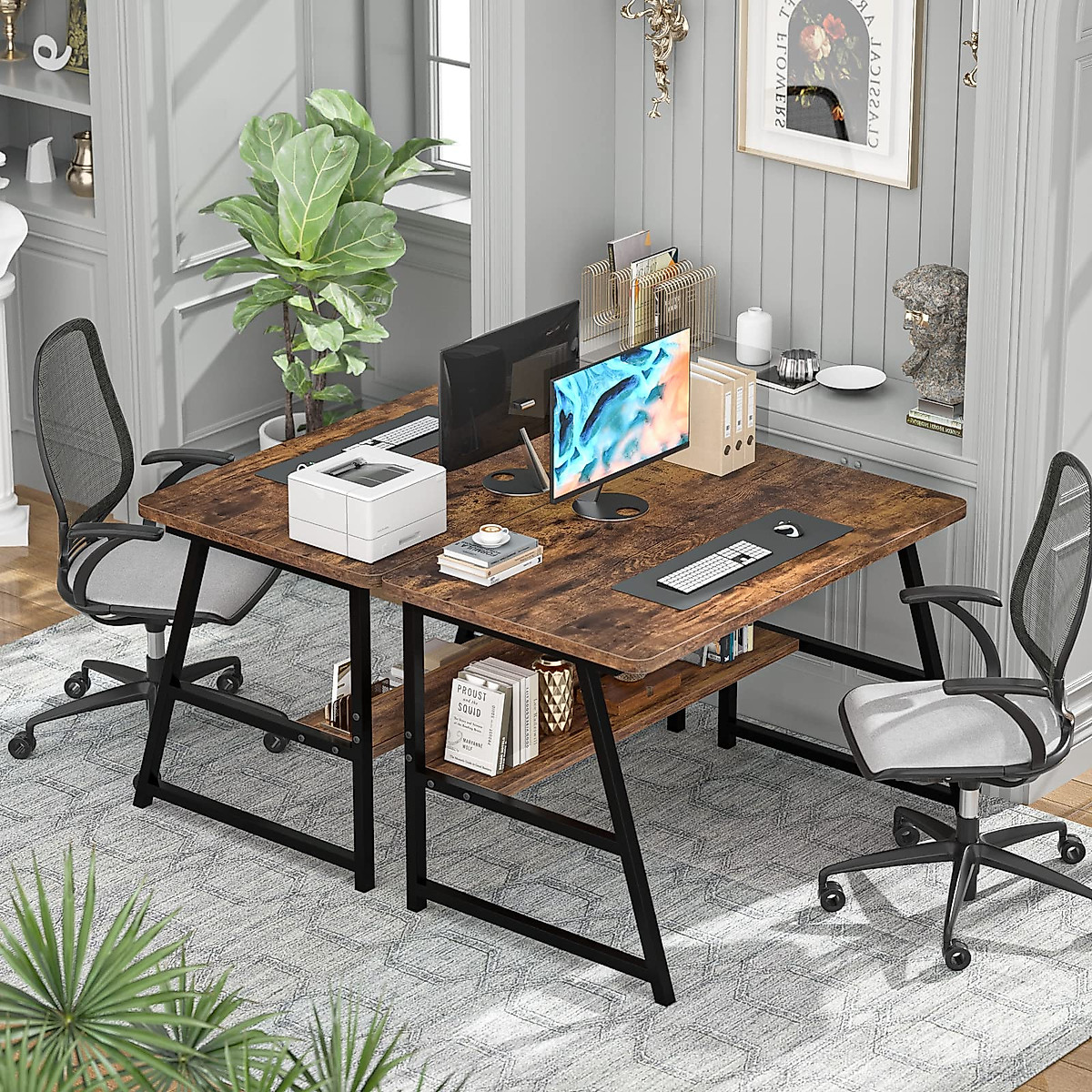 Topfurny Computer Desk 32 Inch Modern Sturdy Writing Desk with Bookshelf Study Table Desk with Metal Legs Industrial Table for Home Office for Small Space, Rustic Brown