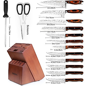 Leking 15-Piece Block Knife Set with Wooden Block, Premium High Carbon Stainless Steel Chef Knife Set with Pakka Wooden Handle, Kitchen Knife Sets with Sharpener, Knives Set, Scissor, 6 Steak Knives