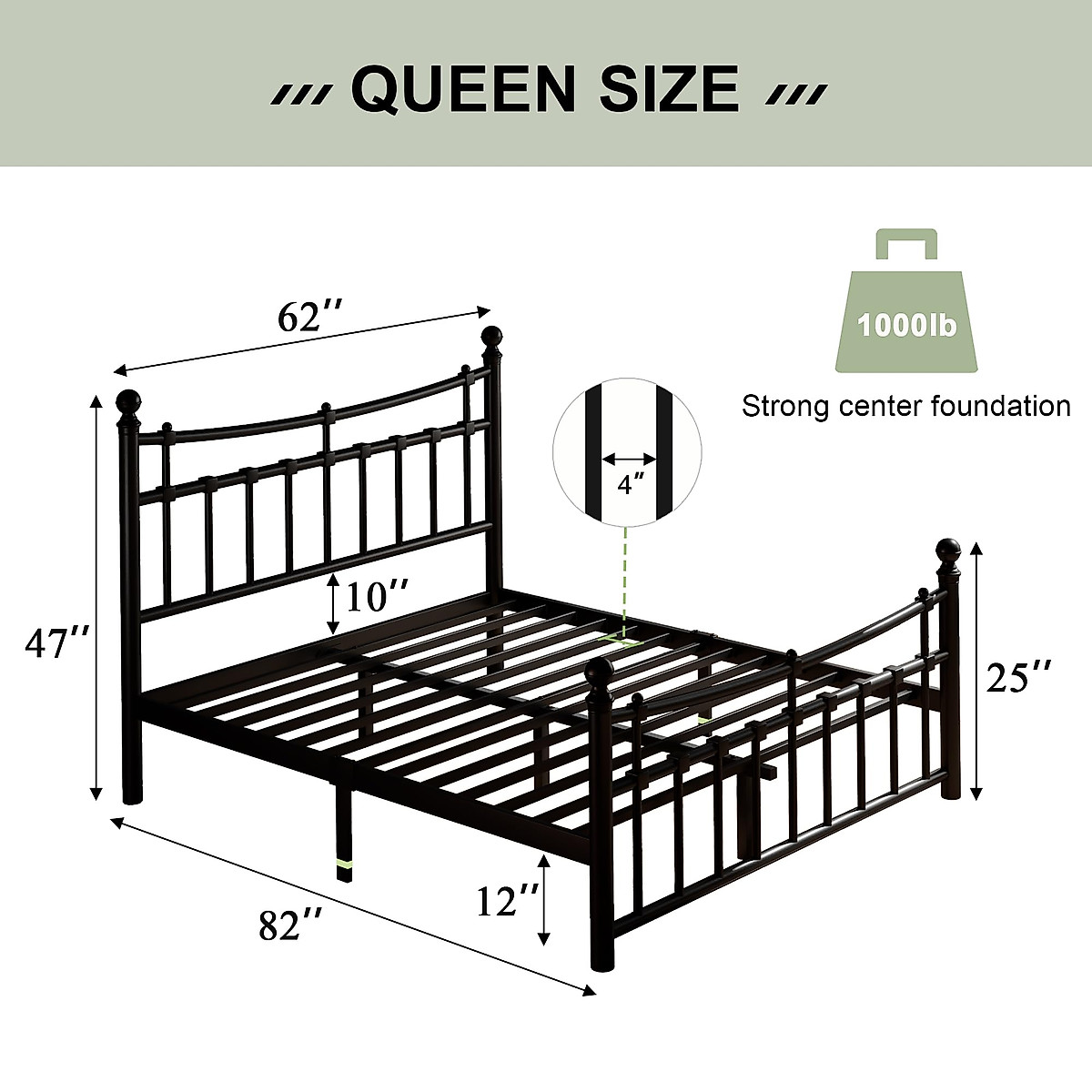 Feonase Queen Size Metal Bed Frame with Modern Iron-Art Headboard & Footboard, Platform Bed Frame with 12" Storage Space, Hardened Steel Slats, No Box Spring Needed, Black