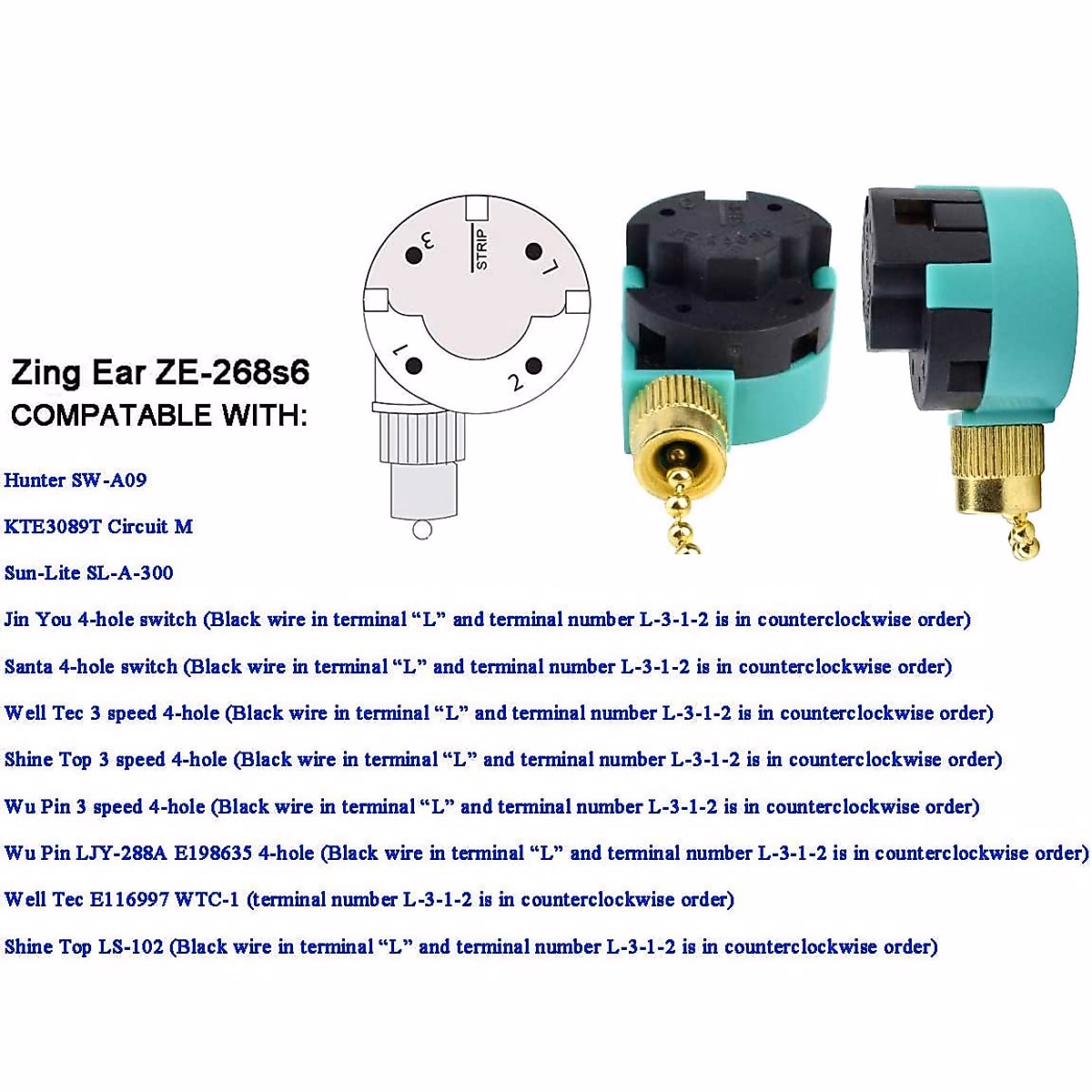 Akahttbn Ceiling Fan Switch Zing Ear ZE-268S6, 3 Speed 4 Wire Speed Control Pull Chain Cord Appliances Switch Replacement Parts Compatible with Hunter Ceiling Fans Wall Lamps (Bronze)