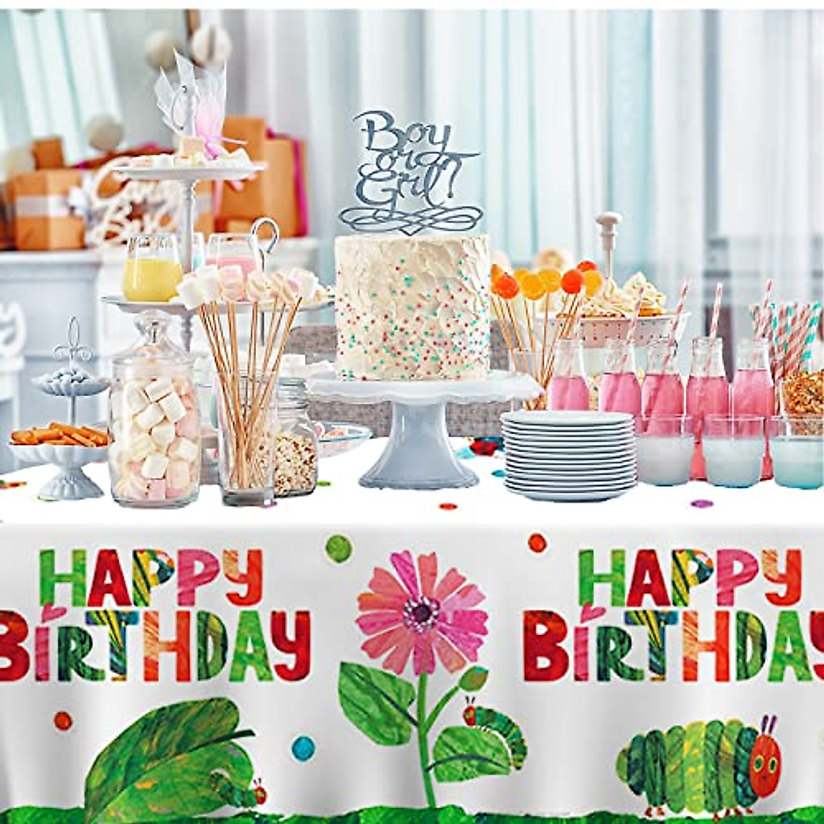 3 Pieces Cartoon Very Hungry Little Green Caterpillar Happy Birthday Tablecloth Insects Theme Rectangular Table Cover Decorations Decor for Kids Baby Shower 1st Birthday Party Dining Banquet Supplies