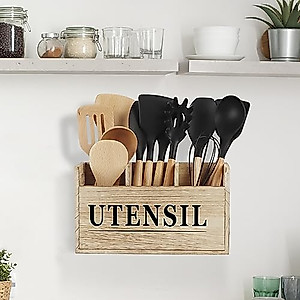 Large Rustic Kitchen Utensil Holder for Countertop, Farmhouse Wooden Utensil Holder for Kitchen Counter, 3 Compartment Rustic Cooking Utensil Holder, Kitchen Utensil Organizer Caddy for Home Decor