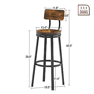 IRCPEN Bar Stools with Back, Set of 2 Swivel Breakfast Stools,41-Inch High Kitchen Stools with Backrest, Footrest, Industrial Seat for Dining Room Kitchen Bar (13.4 X41 inches)