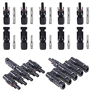 Glarks Solar Panel Connectors 1 Male to 5 Female and 1 Female to 5 Male T Branch Connectors Cable Coupler Combiner and 5 Pair Male/Female Solar Panel Cable Connectors Set (M/5F and F/5M)