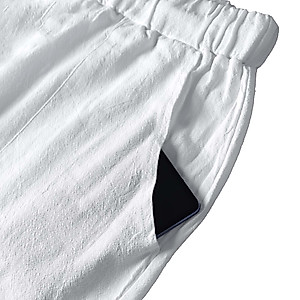 LVCBL Men's White Linen Pants Drawstring Pants Casual Beach Pants,White,XL