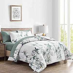 6 Pieces Bed in a Bag Twin Comforter Set with Sheets, Green Leaves on White Botanical Design Bedding Sets for Kids (1 Comforter, 2 Pillow Shams, 1 Flat Sheet, 1 Fitted Sheet, 1 Pillowcases)