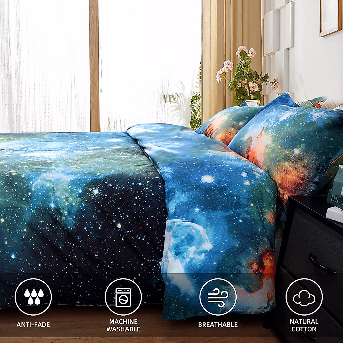 Duvet Cover Galaxy Bedding 3 of Set - Full Comforter Cover with Zipper and Corner Belt, Soft Breathable, ZHH