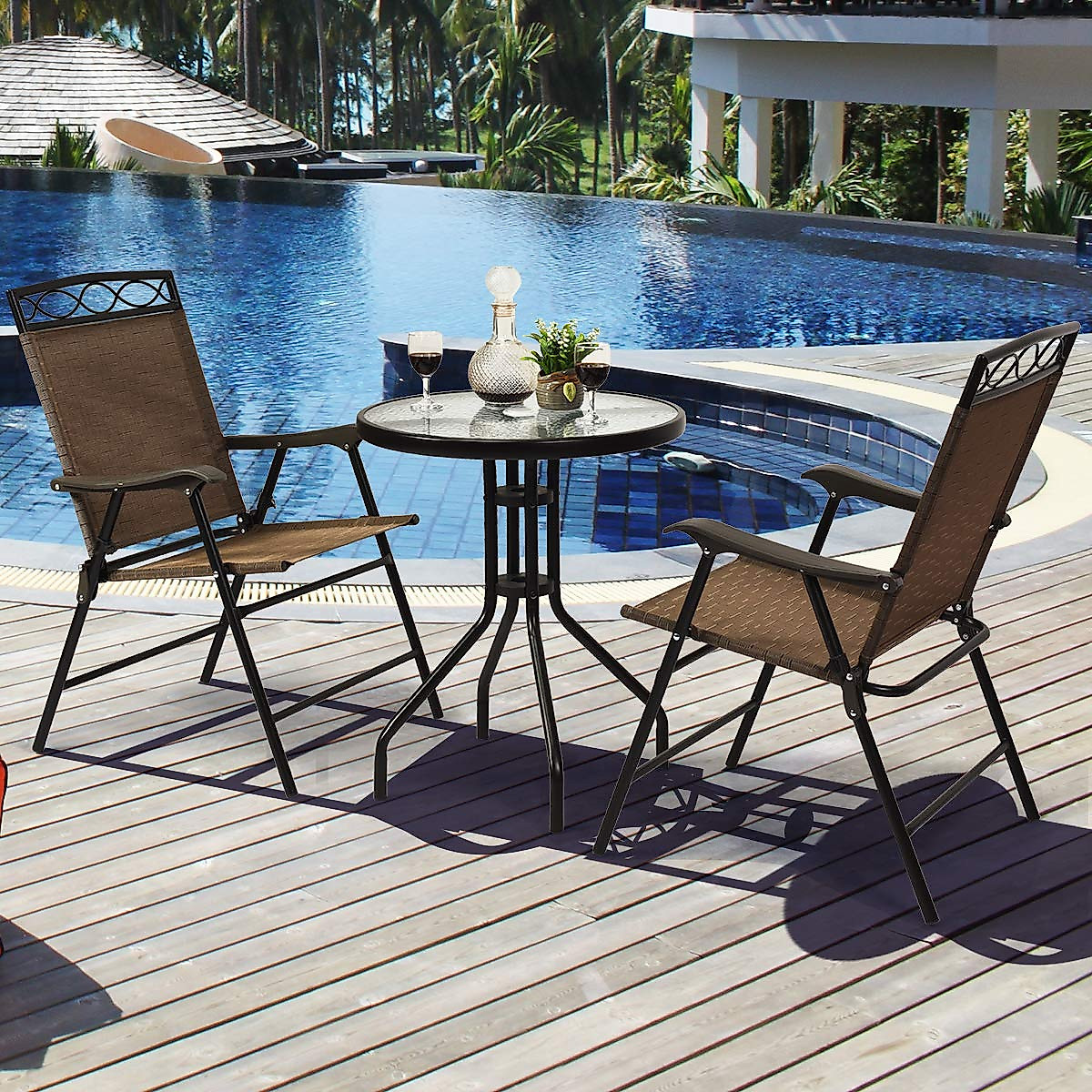 HAPPYGRILL 3 Pieces Patio Dining Set with Round Glass Table, Folding Chairs, Outdoor Chairs Table Set with Umbrella Hole for Garden Poolside Backyard