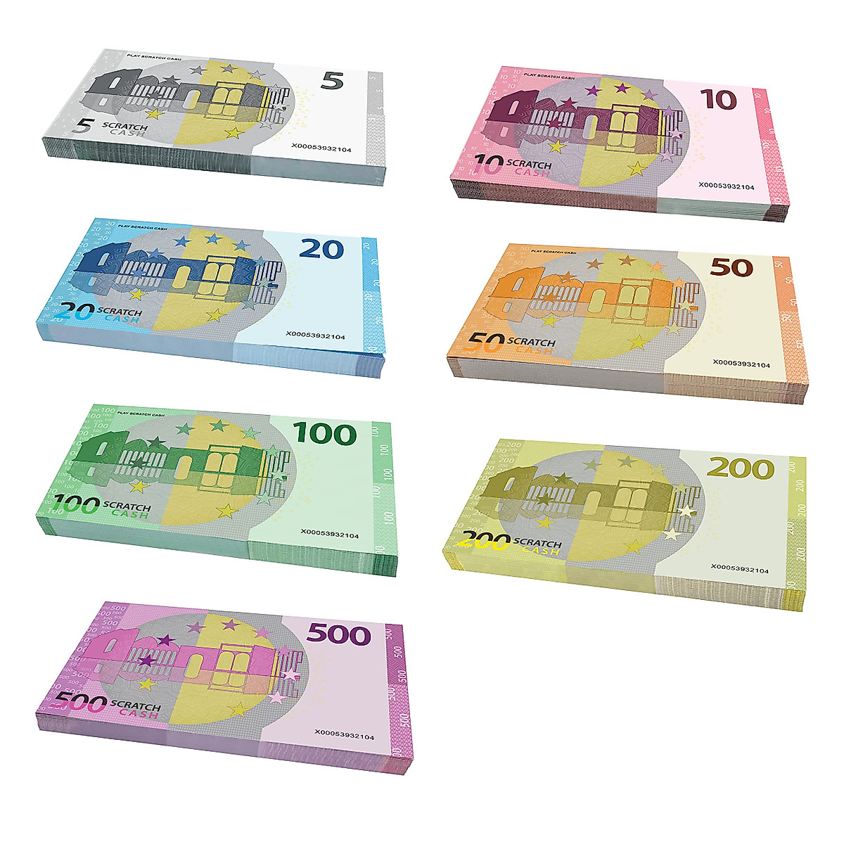 Scratch Cash Bundle Money to Play (Size Increased to 125% Compared to The Real Ones) 175 Banknotes - 7 Stacks of Euro 25 x € 5, 10, 20, 50, 100, 200 and 500