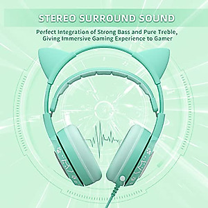 SOMIC G951S Green Gaming Headset with Microphone for PS4, PS5, Xbox One, PC, Cat Ear Headphones Over Ear with in-Line Mic Control, Stereo Sound for Girls, Woman