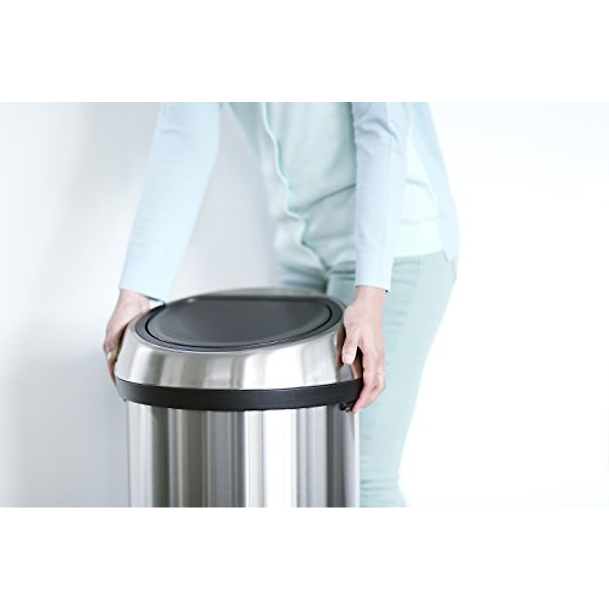 Brabantia 16 Gallon Large Kitchen Touch Top Trash Can (Matt Black/Brilliant Steel Lid) Removable Lid, Soft-Touch Open Garbage Can