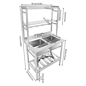 Bokknppo 2-Compartment Commercial Sink 304 stainless Steel Sink with Double-Layer Shelves Hanging Tools Freestanding Utility Sink for Kitchen Restaurant Bathroom, 35.43 * 21.26 * 67.72in