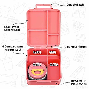 MAISON HUIS Bento Lunch Box for Kids With 8oz Soup Thermo, Leakproof Lunch Compartment Containers with 4 Compartment Bento Box, Thermo Food Jar and Lunch Bag, BPA Free,Travel, School(Flamingos)