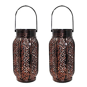 Maggift 2 Pack 10.6 Inch Hanging Solar Lights Outdoor Retro Hanging 20 Lumens Christmas Decorative Solar Lantern with Handle, Brown