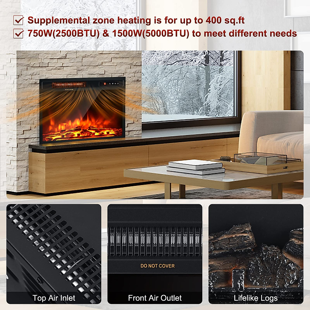 GOFLAME 18" Recessed Electric Fireplace, 1500W Insert Heater with Touch Screen, Remote Control & 9H Timer, Freestanding/Embedded Fireplace with 5-Level Flame Brightness and Overheat Protection